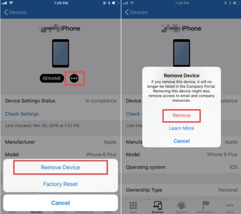 How to customise remove and reset device actions in Company Portal